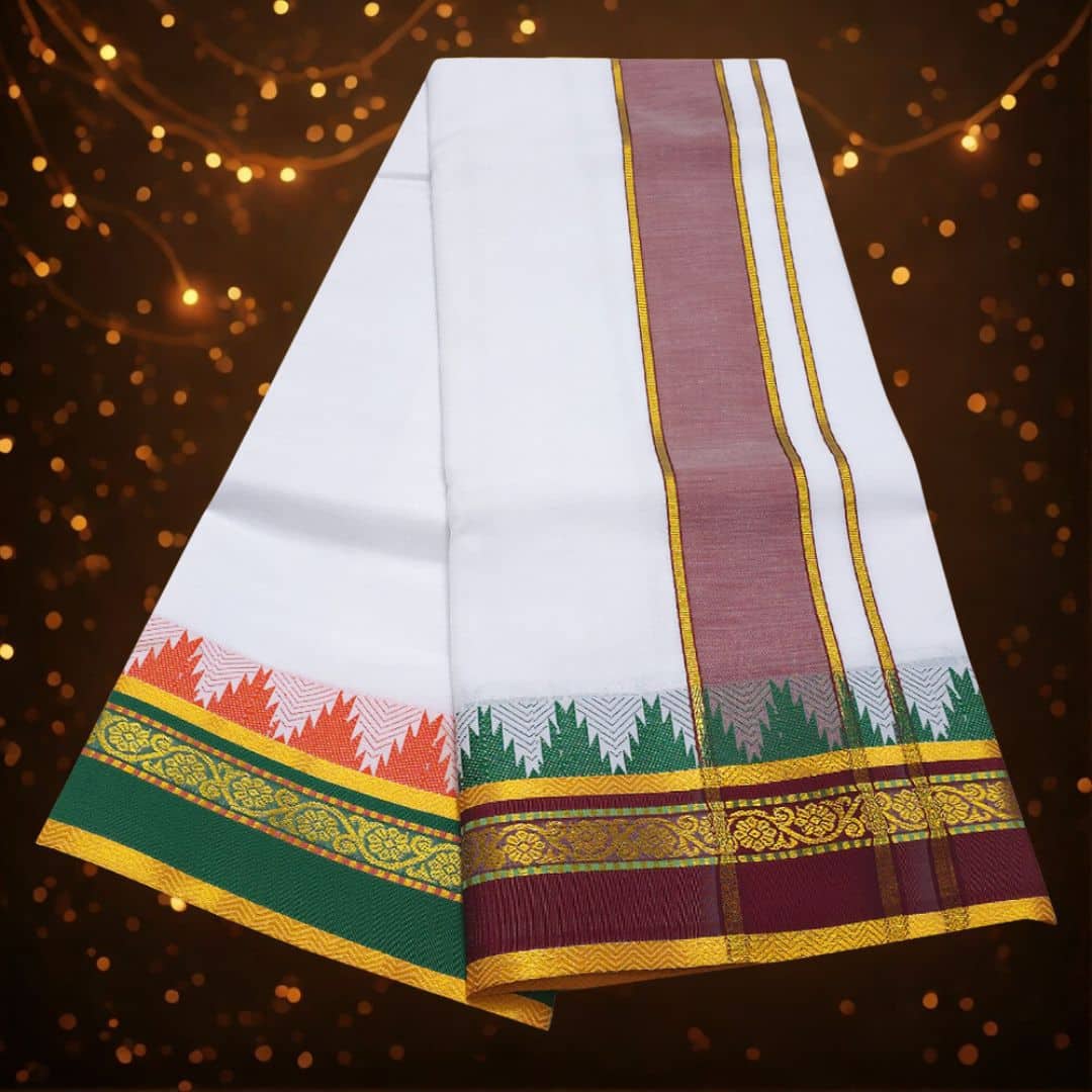 Temple Border White Premium Quality Dhoti 9X5 - Vimayam Dhotis