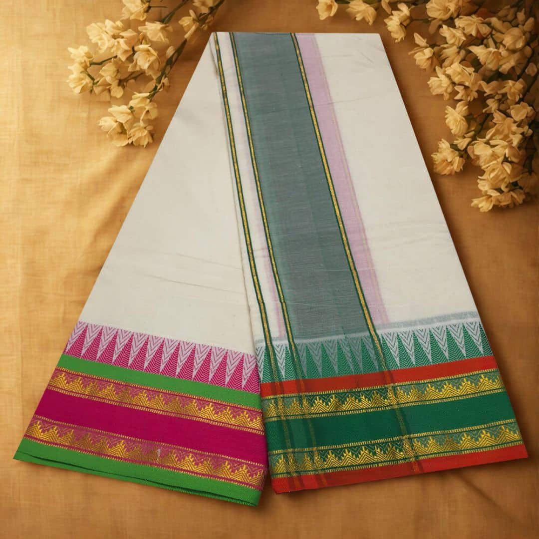Temple Border Half White Premium Quality Dhoti 9X5 - Vimayam Dhotis